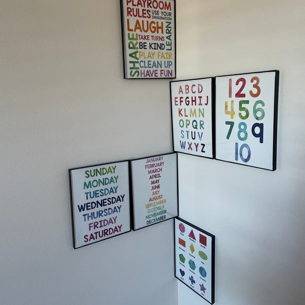 Playroom Educational Wall Art Alphabet Numbers Shapes Playroom Rules ...