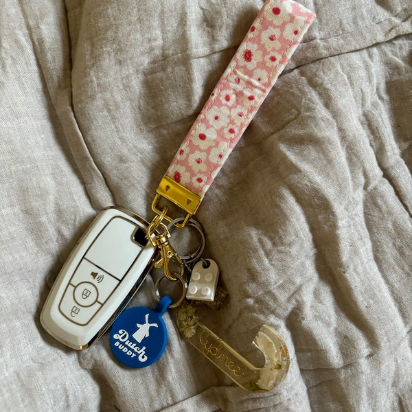 Pink Boho Wristlet Keychain, Gold Key Fob Wristlet, Keychain Wristlet ...