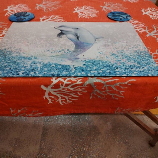 Coral Tablecloth Table Cover Nautical Linens Salmon Overlay Coral Reef ...
