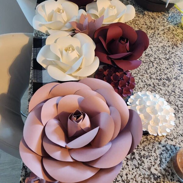 Burgundy Paper Flowers Wall Decor, Dusty Rose, White, Sage Leaves, Baby ...