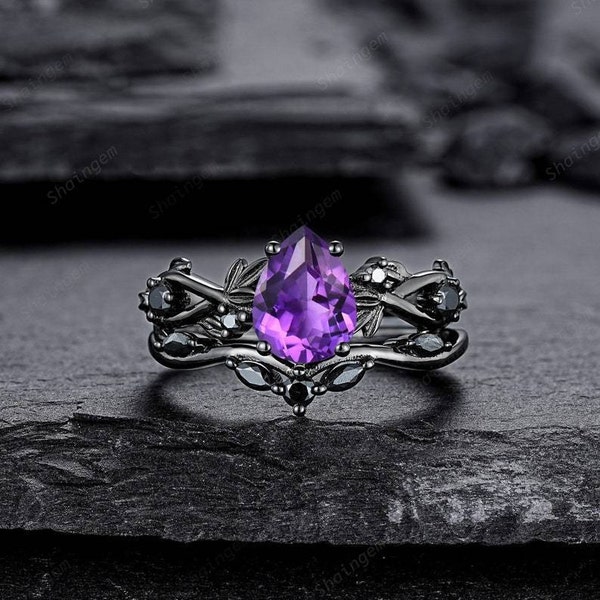 Gothic Amethyst Engagement Ring Unique Solid 14k Black Gold Leaf Ring ...
