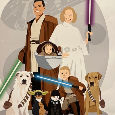 Custom Hand Drawn Family Portrait Star Wars Gift for Couple Jedi Family ...