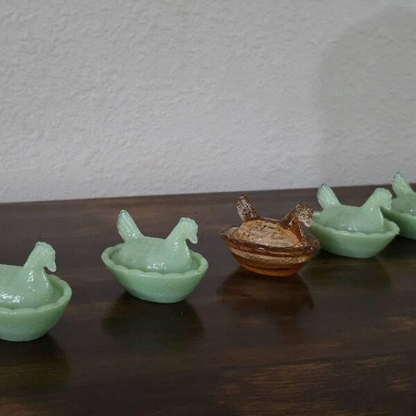 Green Jadeite Glass Hen on Nest Chicken Salt Cellar Dishes, Vintage ...