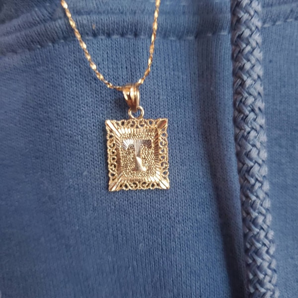 14K Solid Gold Pendant Square Initial Letter Small Charm A-Z ...