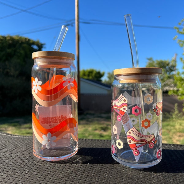 Summer Waves Glass Cup, Retro Waves, Retro Pattern Glass Cup, Groovy ...