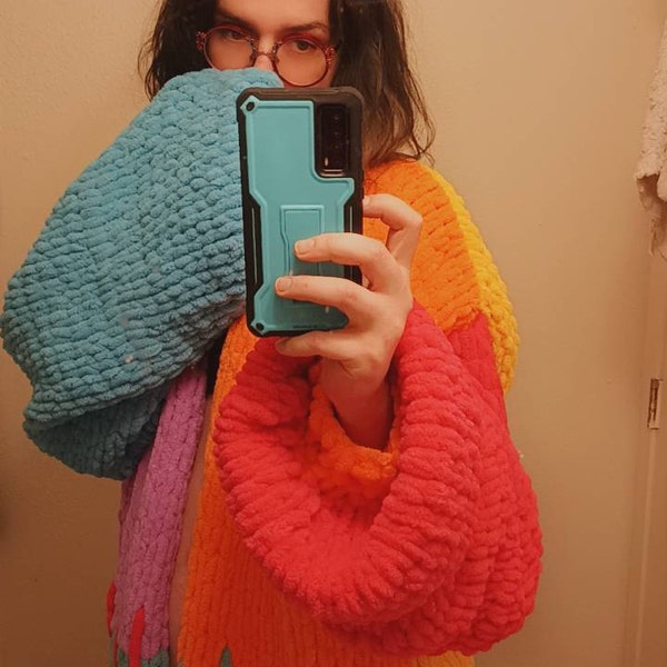 Handknit Bright Orange, Yellow, Hot Pink, and Pink Colorblock Chunky ...