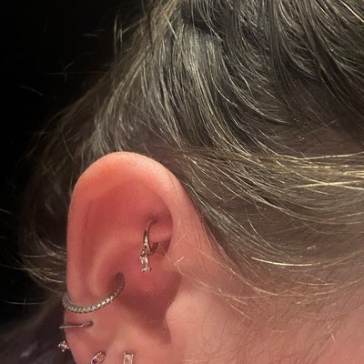 18G Tiny Diamond Baguette Rook Hoop Earring Tiny Gold Cartilage Hoop ...