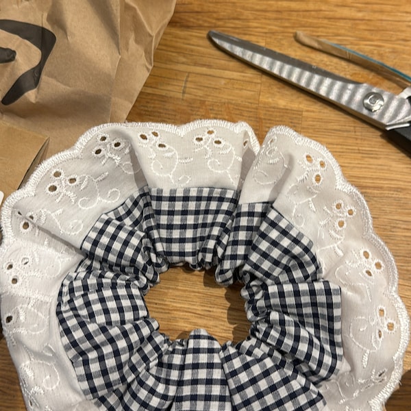 Large Navy Gingham Scrunchie With Scalloped Lace/ribbon Trim | Navy ...