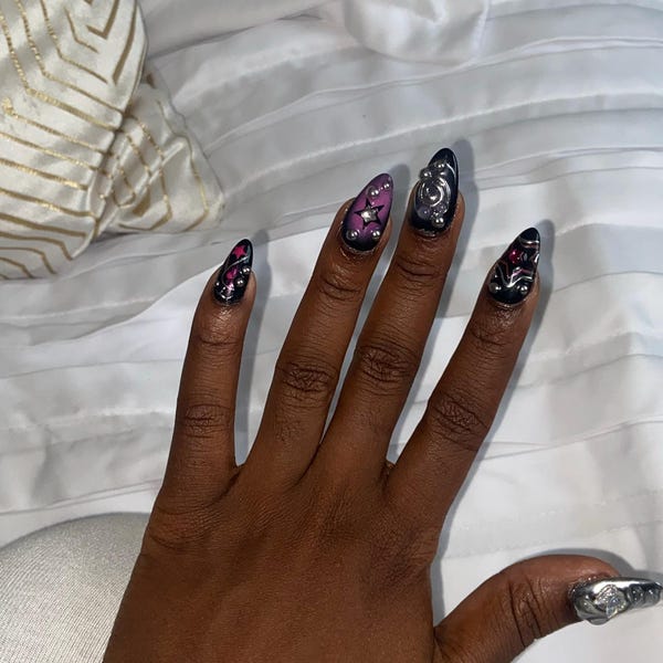 Silver 3D Chrome Nails/black Gothic Press on Nails Almond Nails/sun ...