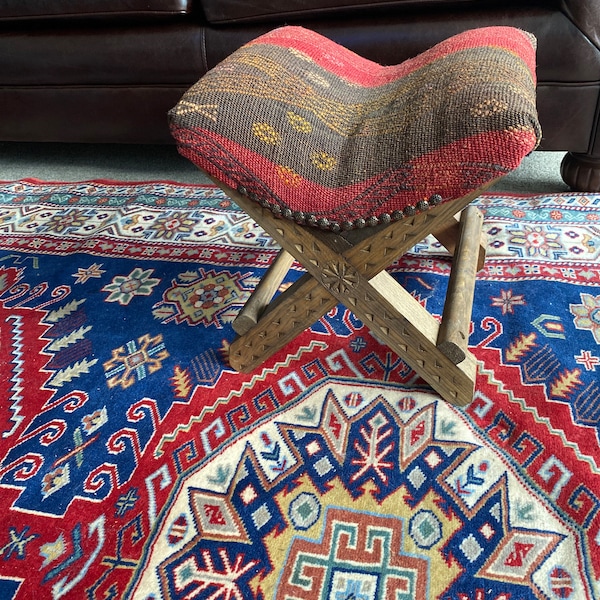 Wooden Stool, Rainbow Stool, Vintage Kilim Stool, Wooden Art ...