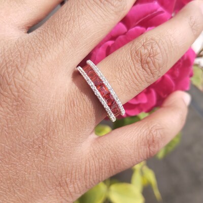 Natural Princess-cut Garnet Wedding Band, Garnet and Diamond Full ...
