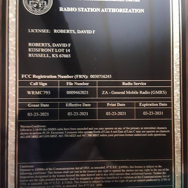 Laser Engraved FCC GMRS License Plaque for General Mobile Radio Service ...