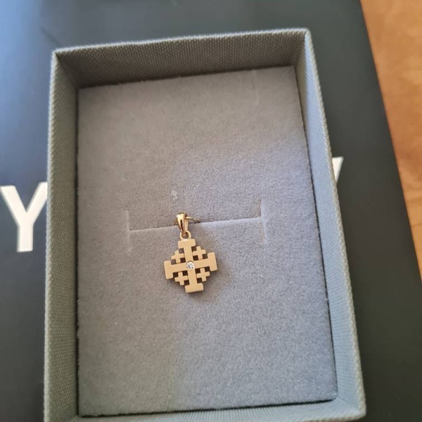 Tiny Jerusalem Cross Necklace in 18k Yellow Gold With Diamond | Size C ...