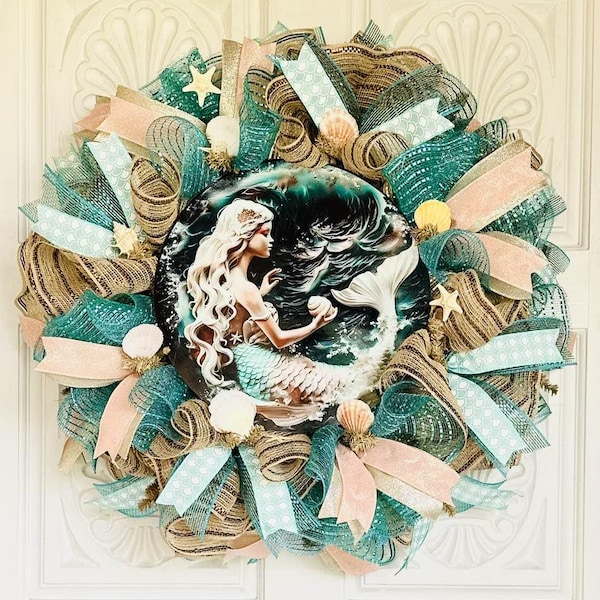 Mermaid Wreath Sign, Aluminum Sign, Nautical Wreath Sign, Seaside ...