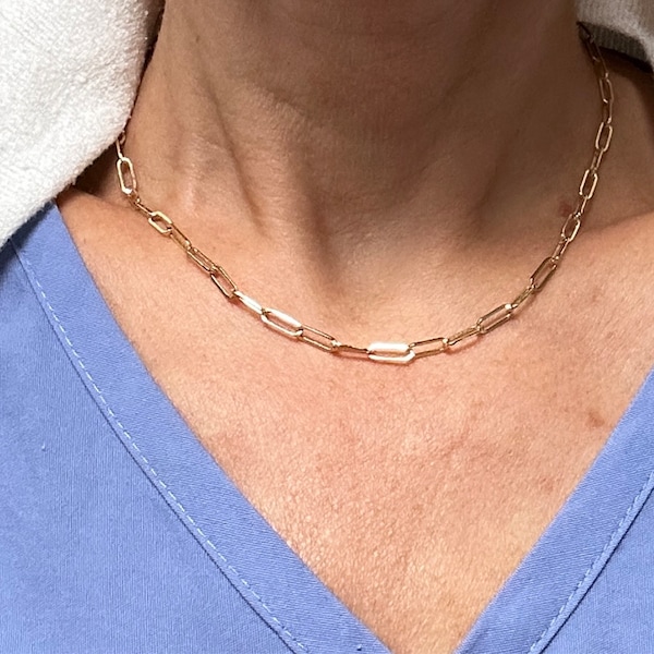 14K Solid Gold Paperclip Chain Necklace, Real Gold, 3 Sizes, Minimalist ...