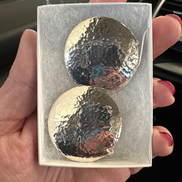 Extra Large Disc Earrings in Hammered Sterling Silver in 2 Inch ...