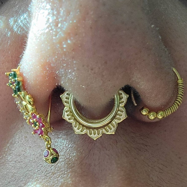 Stacked Septum Ring, Lotus Septum Hoop, 16g Septum Clicker Ring, 18K ...