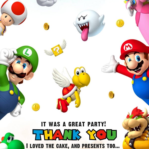 Thank You Card Super Mario Birthday Party Decoration Boy Mario Bros ...