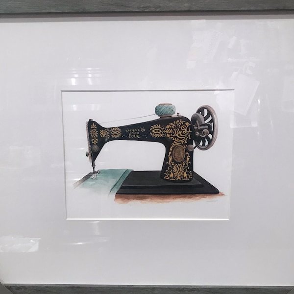 Vintage Singer Sewing Machine Illustration - Watercolour Painting Print ...