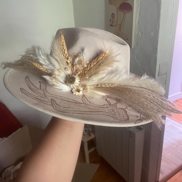 Burned Western Boho Wool Felt Fedora Cowgirl Hat Derby Lainey Wilson Yellowstone Custom Floral ...