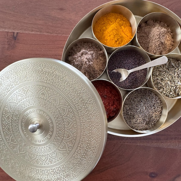 Handcrafted Spice Box in Brass With Spoon | Kitchen Storage | Spice ...