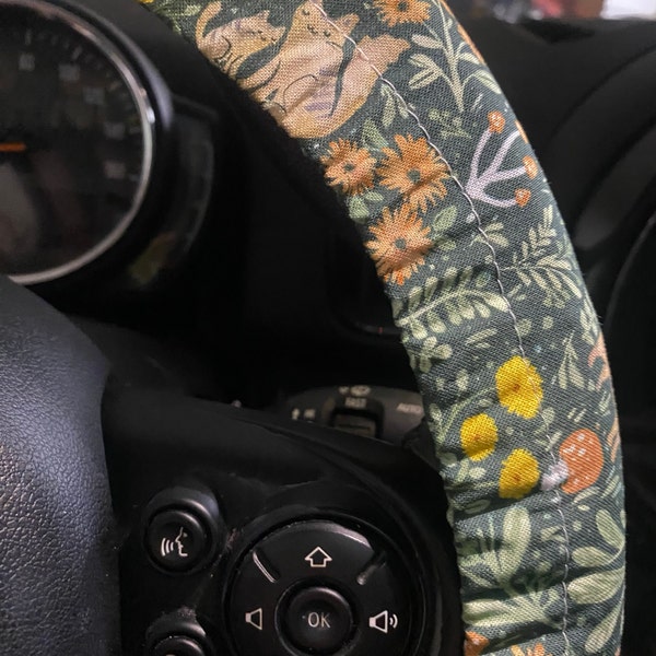 Cats in Floral Woodlands Steering Wheel Cover With Gripper Fabric ...