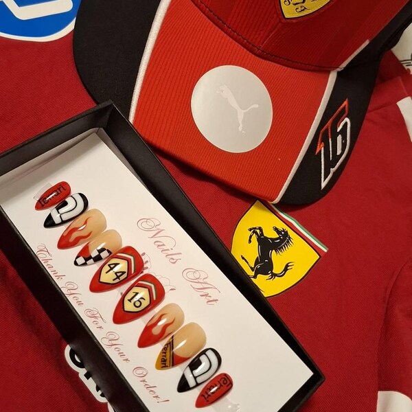 Ferrari Racing Press on Nails: Handmade Flame Checkered Nail Art ...