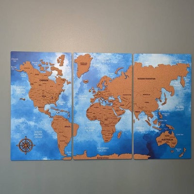 World Map Push Pin Wall Art With FREE Pins, Cork World Map Board, Wooden World Map Travel Map ...
