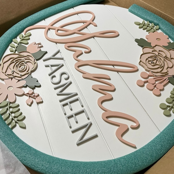 Round Floral Shiplap Baby Name Sign for Nursery or Shower Decor Flowers ...