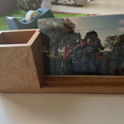 Personalized Pen Holder Photo Frame, Wood Desk Organizer With Phone ...