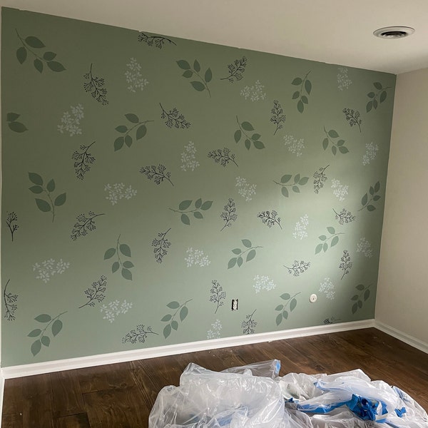 Watercolor Leaves Wall Pattern Kit- FLORAL WALL STENCILS Instead of ...