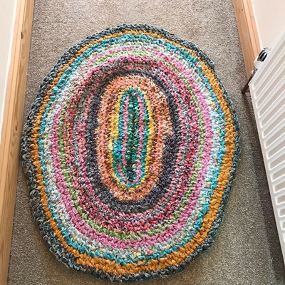 Crocheted Rag Rug, 23X15 Inches, Hand Made, New Cotton Fabric, Rose ...