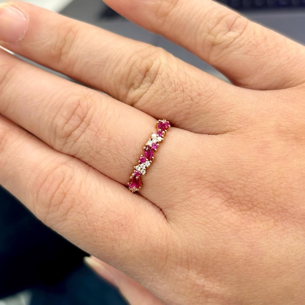 Vintage Red Ruby Wedding Ring Solid 14k Rose Gold Wedding Band Marquise ...