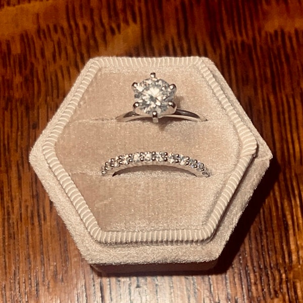 Bezel Set Moissanite Ring Three Stone Moissanite Unique Engagement Ring 2.30 CTW White Emerald ...