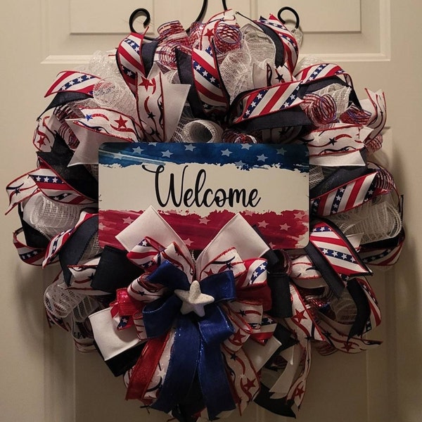 Red White and Blue Welcome _wreath Sign - Etsy