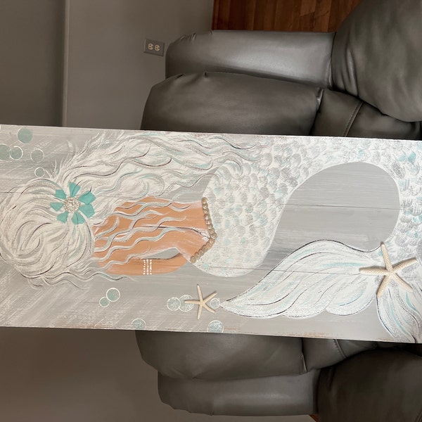 Horizontal Mermaid Original Painting on Wood in Navy and Aqua - Etsy