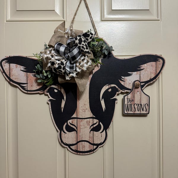 Cow Door Hanger - Cow Print Wreath - Cow Tag Door Hanger - Personalized ...
