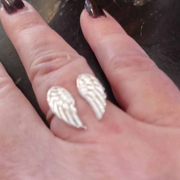Silver Guardian Angel Wings Ring-signet Stacking Ring-thick Open Adjustable Ring- Gift for Her ...