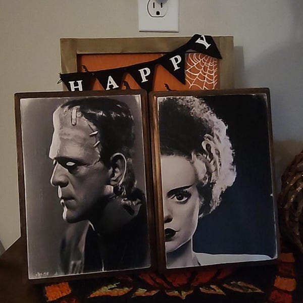 Frankenstein and Bride Wood Plaque DUO, Goth Decor, Horror Gallery Wall ...