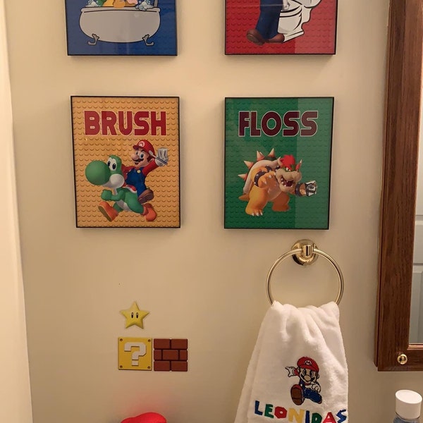 Super Mario V3 Kids Bathroom Decor Wall Art Prints Wash Brush Floss ...