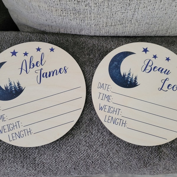 Birth Stat Sign, Round Wood Birth Stat Sign, Moon and Stars Nursery ...