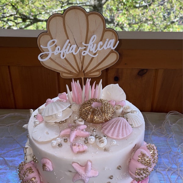Wooden Shell Custom Cake Topper With Acrylic Name Birthday Cake Topper ...