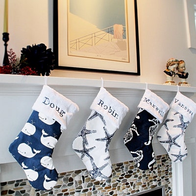 Navy Coastal Christmas Stocking, Sea Horse, Sea Friends, Starfish ...