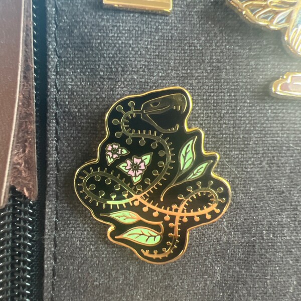Snake Skeleton Hard Enamel Pin, Black and Gold Finish Floral Botanical ...