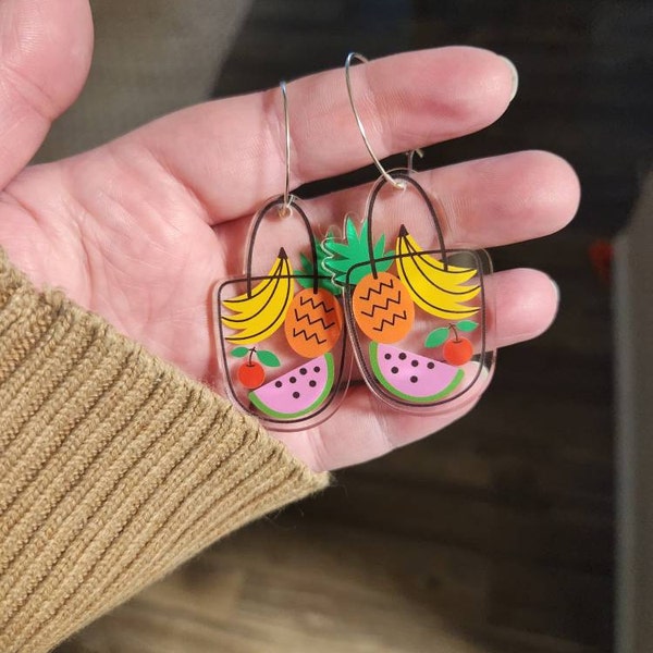 Fruit Shopping Bag Earrings: Laser Cut Acrylic Hoops - Etsy