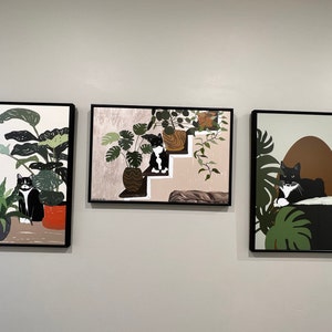 Tuxedo Cat Art Print White and Black Cat Art Plant Art - Etsy