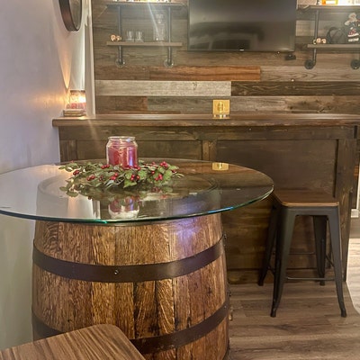 Deluxe Whiskey Barrel Cabinet Table W/ Lazy Susan Rotating Shelf and ...