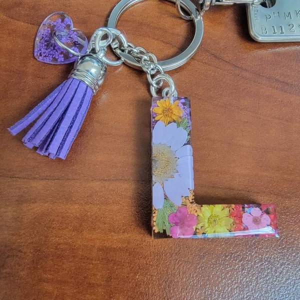 Pressed Flower Resin Keychain, Real Floral Initial Letter Charm for Women, Pink Custom School ...