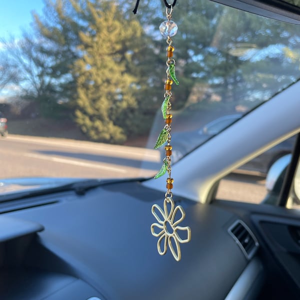 Boho Gold Flower and Leafy Vine Car Charm - Rear View Mirror Accessory ...