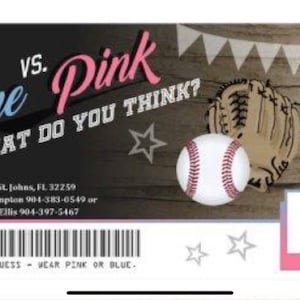 Baseball Gender Reveal Ticket Invitation Baby Shower Party instant ...